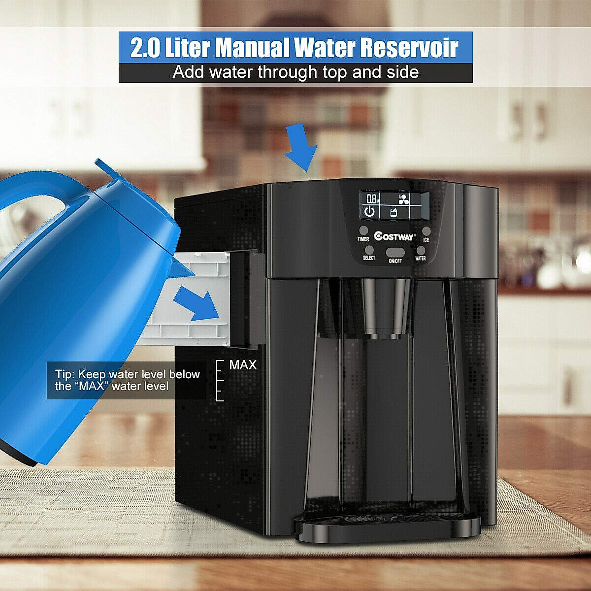 Refrigeration Modern High-Efficiency Maker Water Dispenser Countertop 36Lbs/24H LCD Display Portable Black Portable 2 In 1 Ice Ice-Making Restaurants, Bars Canteens, Snack