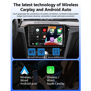10 Inch Android Car Stereo Double Din with Wireless Carplay Android Auto, Touch Screen Car Radio Supports GPS Navigation, WiFi, Hi-Fi Sound, FM/RDS Radio, Split Screen+ Backup Camera