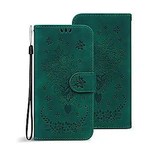 ONV Flip Case for Oppo Reno 6 Pro 5G - Rose Butterfly Embossed Phone Case with Card Holder Lanyard Stand Case Leather Magnetic Wallet Cover for Oppo Reno 6 Pro 5G [XT] -Green