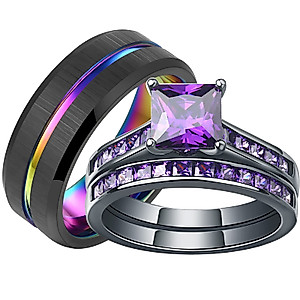 SHELOVES Black Plated Couples Women Purple Wedding Rings Sets His and Hers Men Tungsten Wedding Band 11+8.5