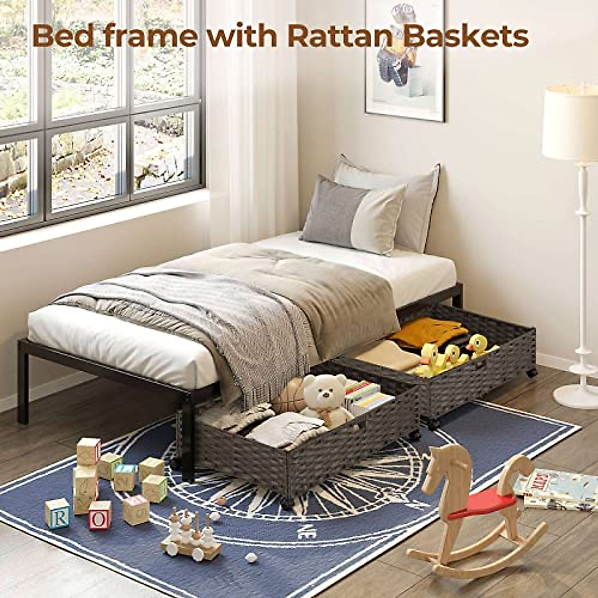 Rolanstar Bed Frame, Twin Bed Frame with 2 Rattan Baskets, 14 “ Metal Platform Bed Frame, Steel Slat Support, No Box Spring Needed, Easy Assembly, Noise Free, Bed with Large Storage Space up to 350LB
