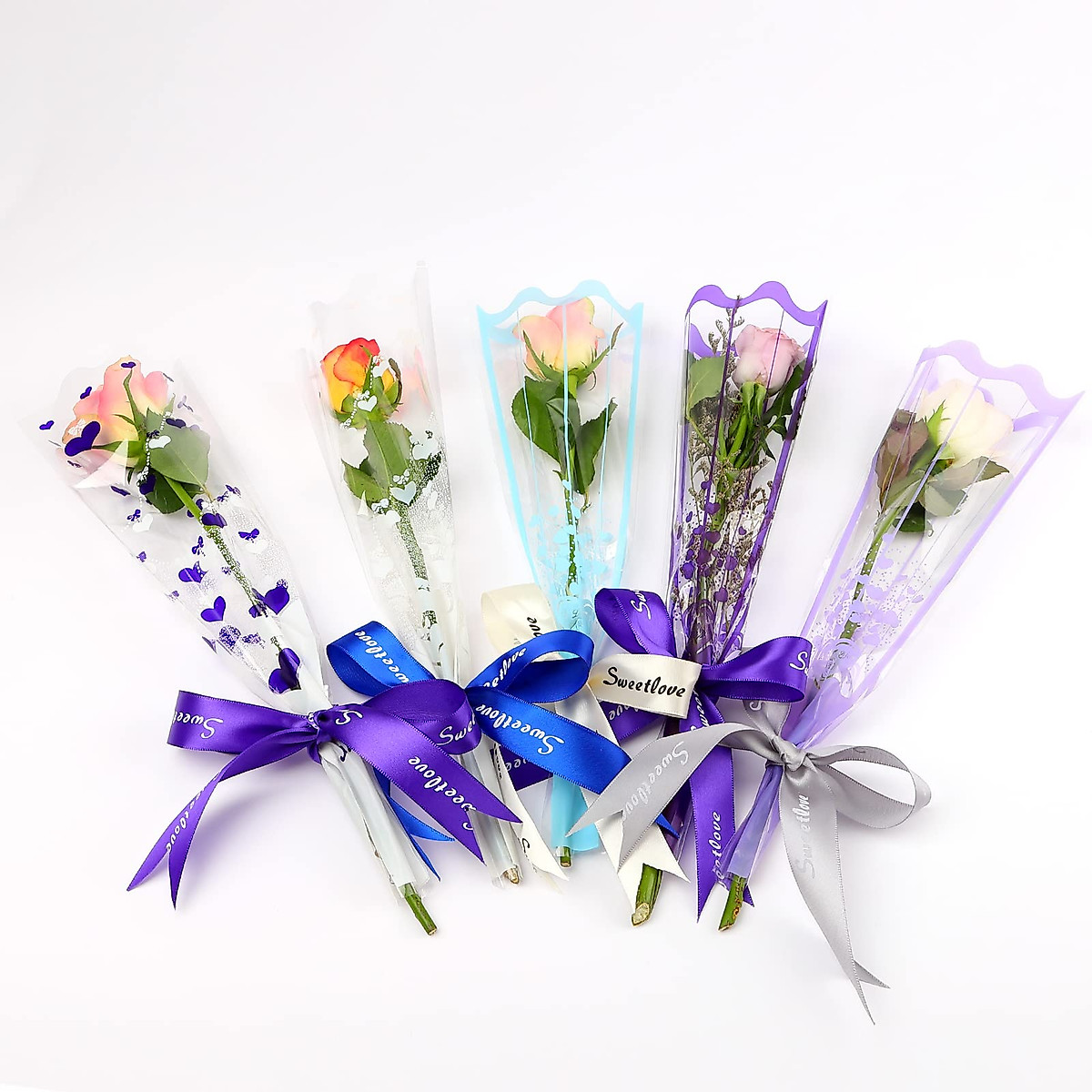 Aylmrice Clear Flower Bouquet Sleeve Flower Wrapping Plastic Paper Floral Arrangement Supplies Wrap Bags Single Rose Packaging Bags for Party Feastival Wedding Valentine's Day 100 Counts White love