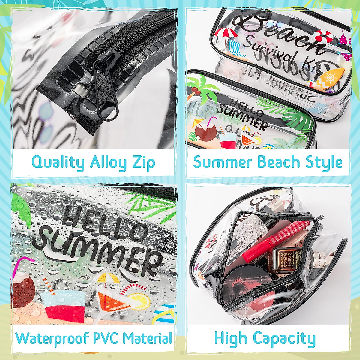 Y1tvei 2Pcs Summer Coconut Tree Beach Survival Kit Cosmetic Bag Clear PVC Plastic Transparent Makeup Toiletry Bag Portable Waterproof Seaside Travel Pouch Organizer with Zipper for Women Lady Coast