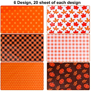Konsait Thanksgiving Wrap Paper, 120 Sheet Fall Autumn Tissue Paper for Gift Wrapping, Maple Leaves Buffalo Plaid Polka Dot Pumpkin Prints Crafts Paper for Harvest Birthday Festival Bags Party Pompom
