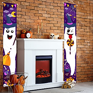 mokeja party Halloween Decorations Ghost Witch Porch Sign Banner Indoor Outdoor Hanging Banner Backdrop Purple and White for Boo Themed Halloween Holiday Home Office Wall Decor Photo Prop -2pcs