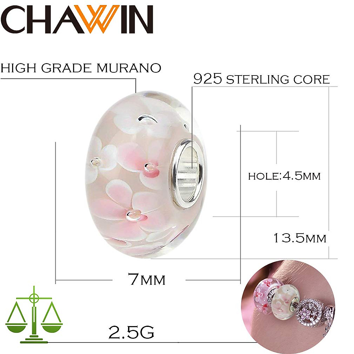 CHAWIN Jewelry Lampwork Murano Glass Beads Hawaii Garden Charm with 925 Sterling Silver Core Flower Blossom Charm Pink Charms