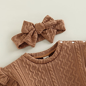 Infant Baby Girls Boys Romper Solid Color Knitted Round Neck Long Fly Sleeve Jumpsuits with Headband (Coffee, 0-6 Months)