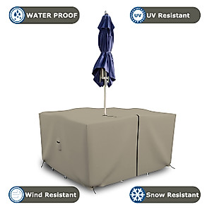 Covers & all Square Table & Chair Set Cover with Umbrella Hole, 12 Oz Waterproof UV & Weather Resistant, Patio Lawn Garden Backyard Furniture with Air Vents & Drawstrings (65"L X 65"W X 30"H, Beige)