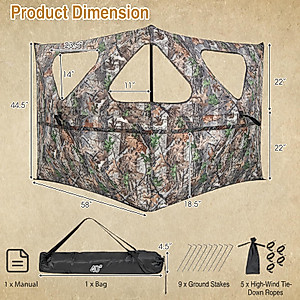 HAPPYGRILL Hunting Blind 2-Panel Pop Up Ground Hunting Blind with 3 Shoot Through Ports, Camo Concealment, Brush-in Loops, High Wind Stability, Easy-Setup Hunting Fence for Deer Turkey