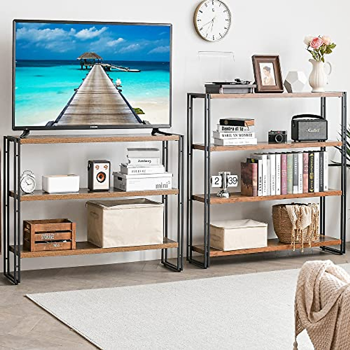 Bookshelf,4-Tier Industrial Bookcase,Rustic Wood and Metal Open Display Book Shelves Home Office,Bedroom Standing Shelf Unit,Horizontal Kitchen Shelf Organizer,Bathroom Storage Rack Mid Century 47in