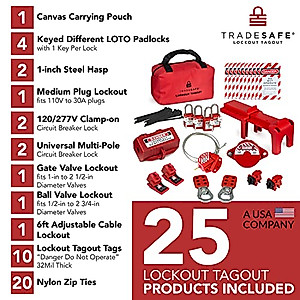 TRADESAFE Professional Lockout Tagout Kit - Loto Locks, Gate Valve Lock, Ball Valve Lockout, Circuit Breaker Locks, Hasps, Plug Lock, Cable Lockout, Tag Out Tags and Ties Set (1 Key Per Lock) Red