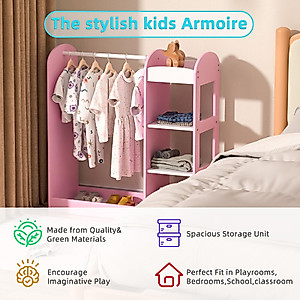67i Kids Dress up Storage with Mirror Kids Play Armoire Open Hanging Armoire Closet Storage Closet Dresser Pretend Costume Dresser Organizer Center for Little Girls Bedroom (Pink)