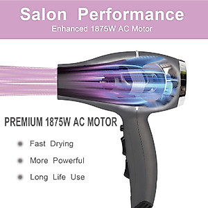 Orlif 1875W Hair Dryer，Ionic Fast Dry Noiseless Hair Blow Dryer with AC Motor，Professional Salon Hair Dryers with Diffuser，Concentrator，2 Speed and 3 Heat Settings，Cool Shot Button，Gray