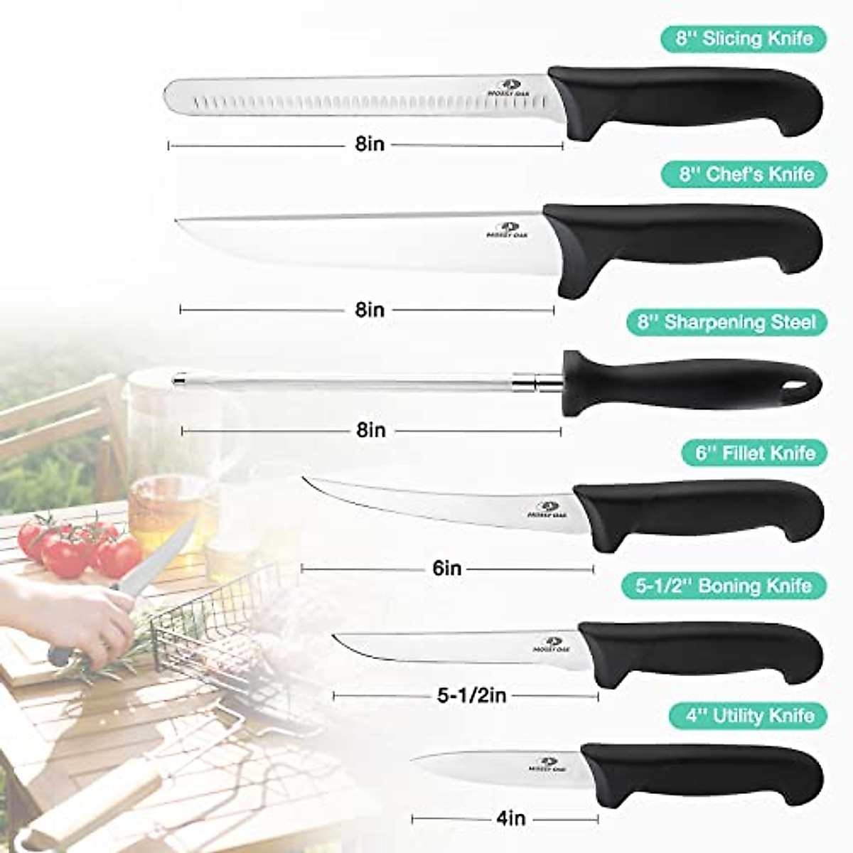 Mossy Oak Outdoor Knife Set - 6 PCS Chef Knife Set with Roll Bag - Premium Stainless Steel BBQ Knife Sets with Ergonomic Handle - 6’’ Fillet Knife for Fishing - Birthday Gifts for Women Men Lovers