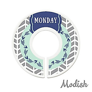Modish Labels, Weekly Clothes Organizer, Days of The Week Closet Organizer System, Daily Closet Organizer, Closet Dividers, School Clothes Dividers (Navy Mint Arrows)