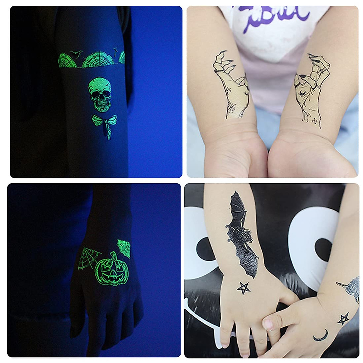 Ooopsiun Luminous Halloween Temporary Tattoos for Kids - 80 Black Styles Glow in The Dark Halloween Tattoos Party Favors Decorations for Boys Gilrs