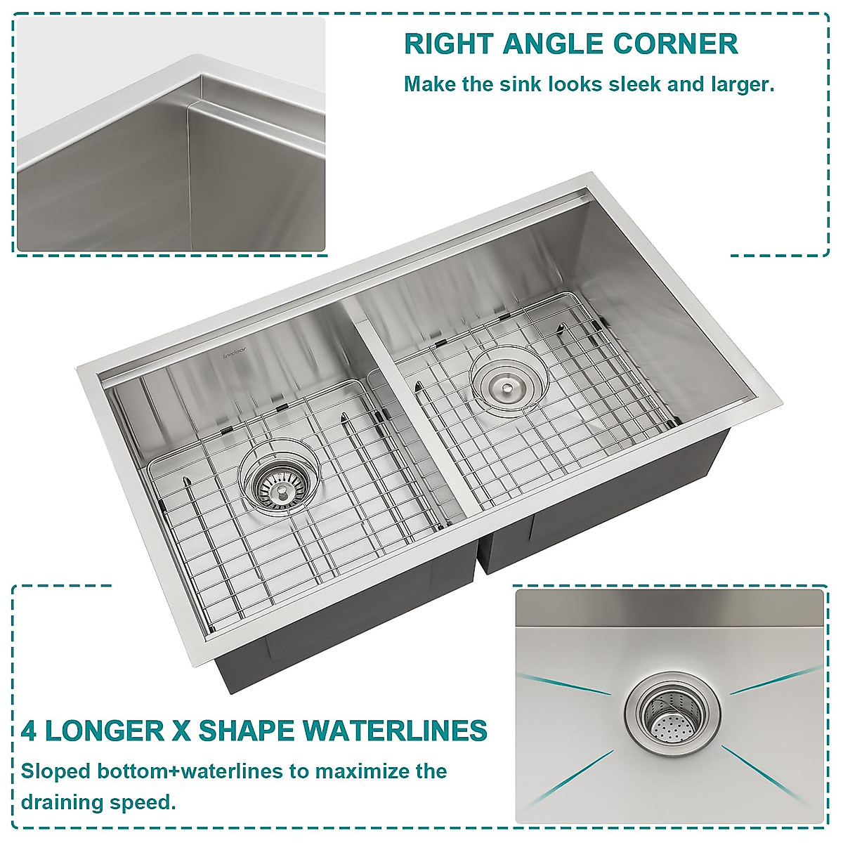 Lordear Double Bowl Kitchen Sinks 33 Inch Ledge Workstation Sink Double Bowl 60/40 Low Divide 16-Gauge Stainless Steel Undermount Kitchen Sink 33x19 Inch Deep Kitchen Sinks