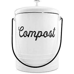AuldHome White Enamelware Compost Bin, Farmhouse Compost Can Set with Lid and Charcoal Filters, 1.3 Gallon