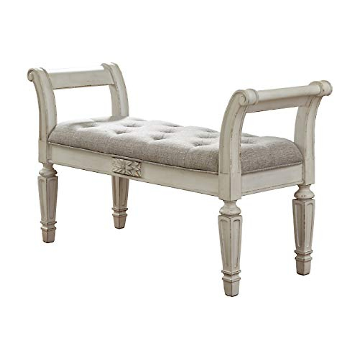 Signature Design by Ashley Realyn French Country Upholstered Tufted Accent Bench, Antique White & Realyn Traditional Cottage 1 Drawer Nightstand, Chipped White, Distressed Brown