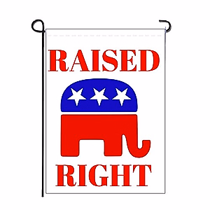 LiberTee Raised Right Republican Pride Outdoor Garden Flag | Republican Party 12x18 Flag Banner for Lawn or Garden | White Flag with GOP Elephant Sign
