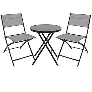 BTEXPERT 3-Piece Patio Bistro Dining Furniture Set Portable Folding Picnic Table Two Chairs Outdoor Foldable Gray for Backyard Porch Party RV Event Camping Commercial Grade Tempered Glass No Assembly