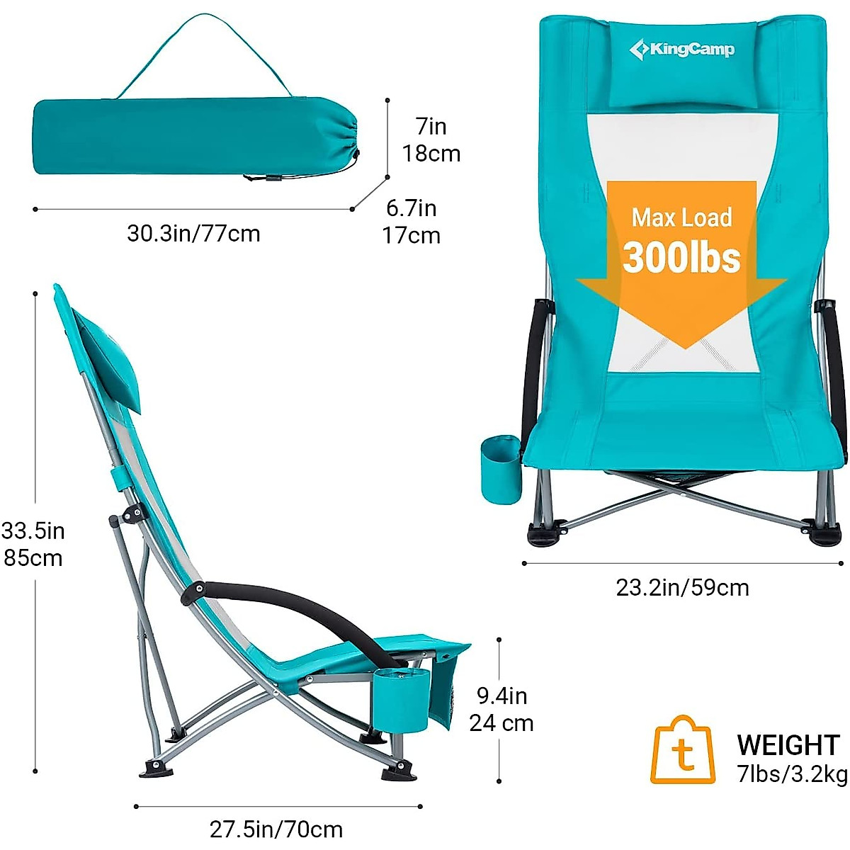 KingCamp Folding Backpack Beach Chair 2 Pack, Sturdy & Lightweight High Back Camping Chair with Headrest, Cup Holder, Seatback Pocket, for Outdoor Sand