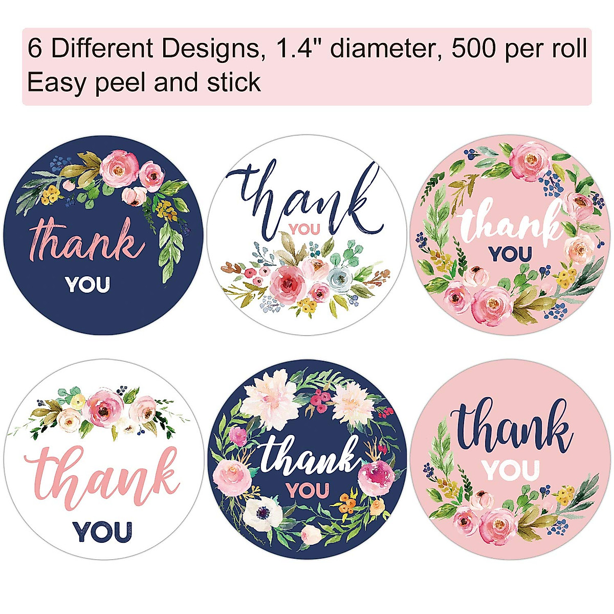 500 Floral Thank You Adhesive Label Stickers, 1.4 Inch Round Stickers 6 Different Designs, Thank You Stickers Roll Perfect for Birthday, Wedding Favors, Baby Shower, Small Business and Boutiques.