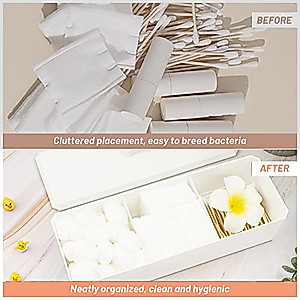 Ezebesta 3 Divider Organizer for Cotton Swab Ball Qtip Cotton Pads Holder Plastic Container Dispenser Box with Lid for Bathroom Storage (White)