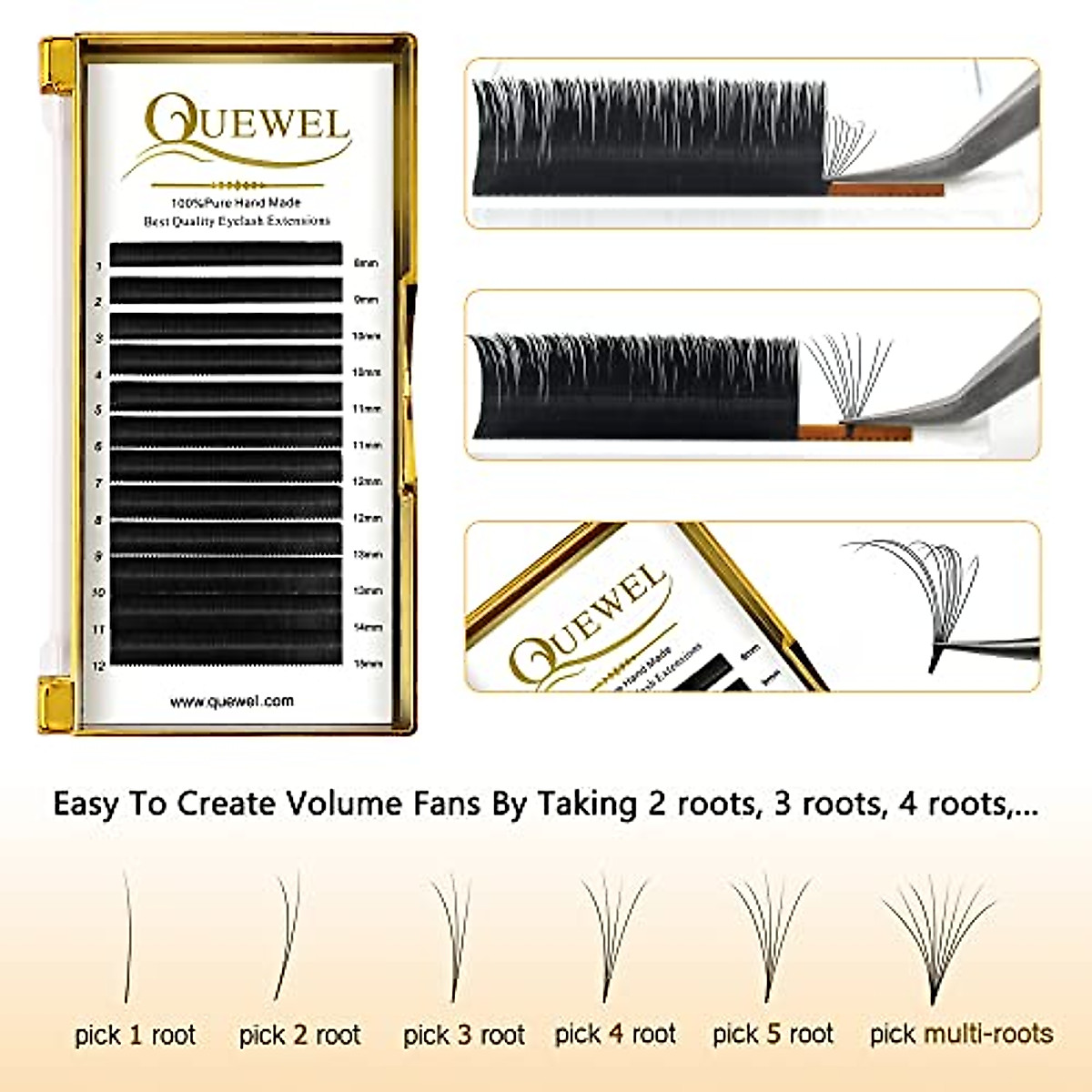 QUEWEL Volume Eyelash Extensions | 0.03-0.12mm | C/CC/D/DD Curl | 8-25mm Length | Easy Fan 2D-20D Self Fanning Volume Lashes 0.07D Mix-8-15mm Long Lasting Blooming Lashes(0.07D Mix8-15)
