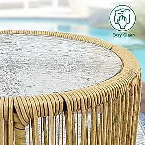 YITAHOME 3-Piece Outdoor Patio Furniture Wicker Bistro Set, All-Weather Rattan Conversation Chairs for Backyard, Balcony and Deck with Soft Cushions, Glass Side Table (Light Brown+Navy Blue)