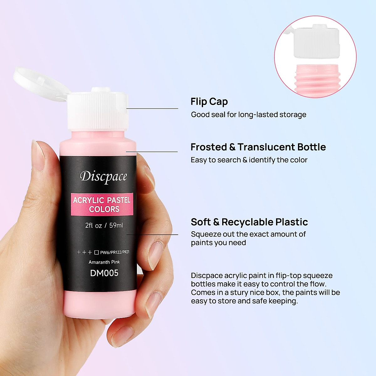 Discpace Pastel Acrylic Paints, Set of 24 Macaron Colors 2oz/59ml with 3 Painting Brushes, Art Craft Paint for Beginners/Kids/Rock Painting/Canvas/Wood/Glass/Ceramic/Stone Painting Supplies Kit