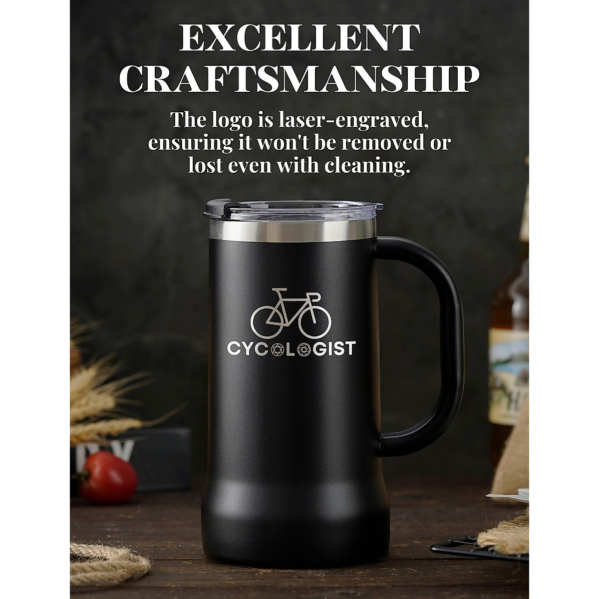 Onebttl Biker Cyclist Gifts for Men, Cycologist, Bicycle Enthusiasts, Roadbike MTB, Stainless Steel Beer Stein Tumbler, 24oz Beer Mug with Lid