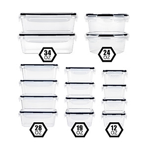 FOOYOO 32 Piece Food Storage Container with Lids (16 Containers + 16 Lids) - Plastic Food Containers with Lid, Airtight Leak Proof Snap Lock Lids, BPA Free Storage Containers with Lids