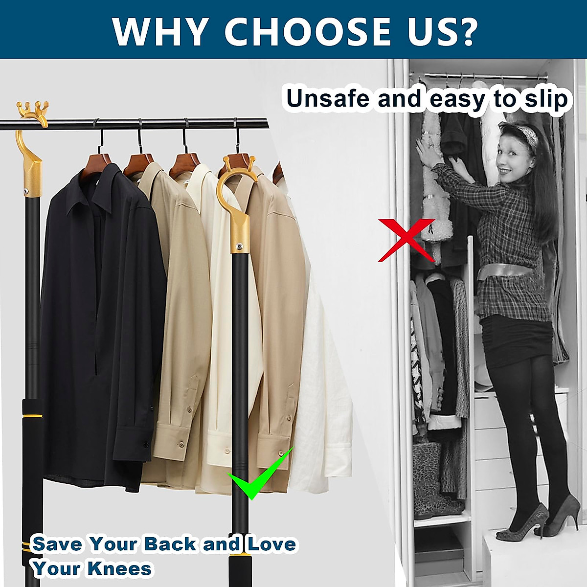 Greeily High Reach Garment Hook, 31" to 61" Clothing Hook Pole for Hanging Clothes Closet Bird Feeder Flowerpot Plants and Christmas Light Adjustment Extra Long with Sponge Handle (Yellow Head)