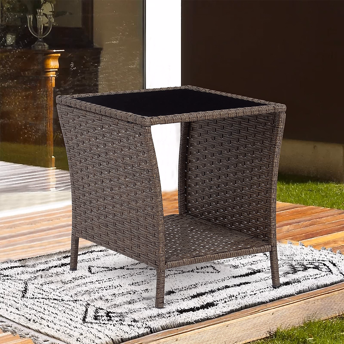 Elesuli Wicker Side Coffee Table Outdoor Side Tables Storage Bistro Table Patio Furniture Square End Tables Garden Table Brown