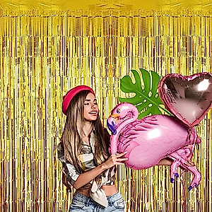 Gold Foil Fringe Curtain, 2PCS 3.28 x 8.2FT Metallic Photo Booth Backdrop Tinsel Door Curtains for Wedding Birthday Engagement Disco Bachelorette Party Decorations