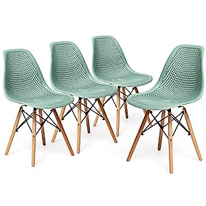 KOTEK Set of 4 Dining Chairs, DSW Molded Shell Plastic Side Chairs with Mesh Design, Solid Wood Legs, Mid-Century Modern Armless Side Chairs for Kitchen, Dining Room, Living Room (Green)
