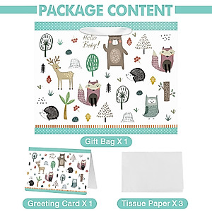 13" Large Baby Gift Bag with Card and Tissue Paper for Baby Shower,Kids Birthday (Woodland Animal)