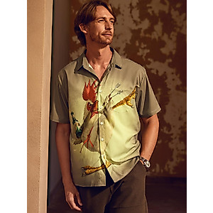 Hardaddy Men's Gongfu Rooster Chest Pocket Printed Short Sleeve Button Down Summer Casual Shirt Gray XXL