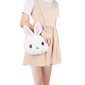 kawaii bunny Crossbody bag,cartoon Plush Rabbit wallets,cute Lolita Handbag for women, Lovely Fluffy animal purse (pearl chain) white