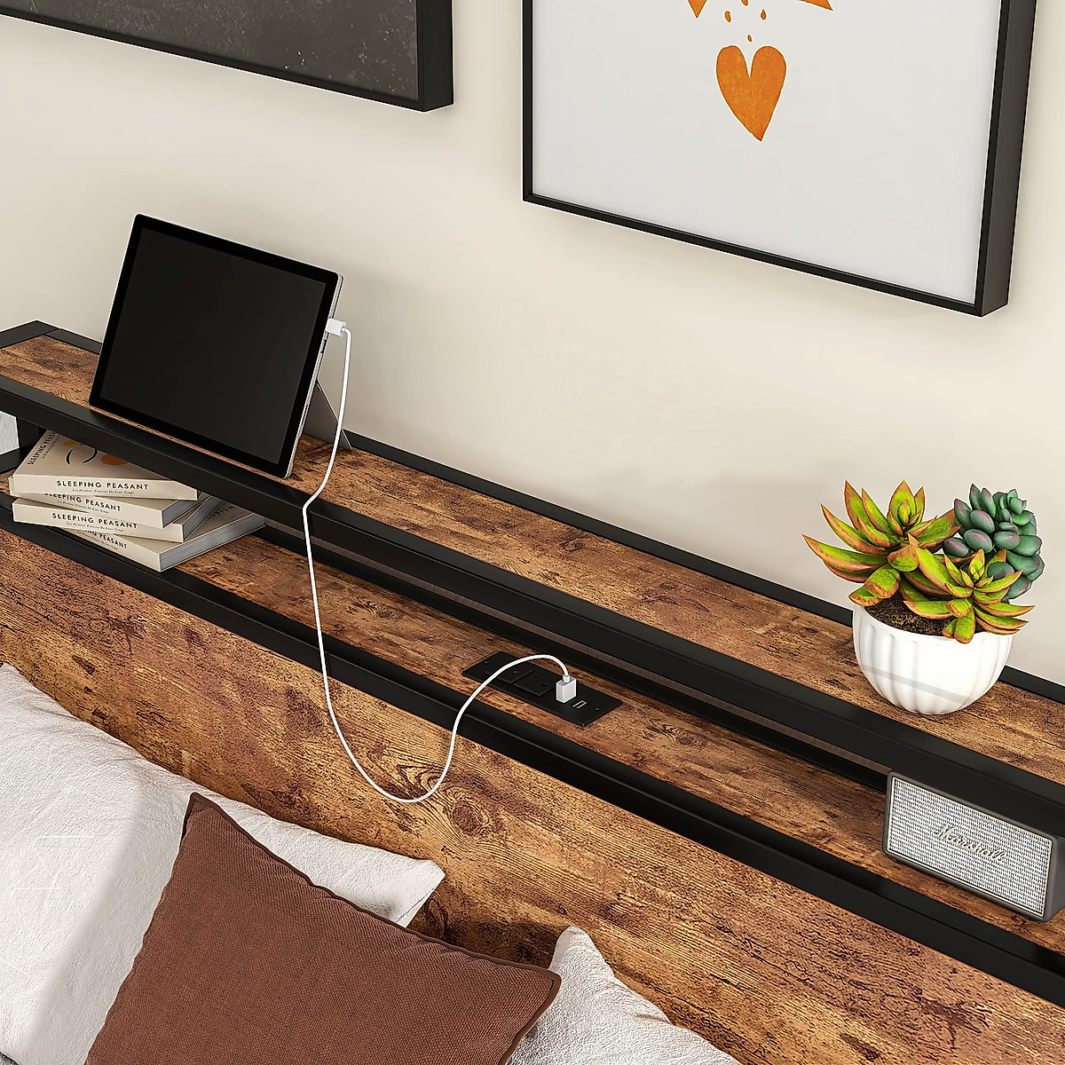 HOJINLINERO Full Size Bed Frame with Storage Headboard/USB Charging Station,Metal Platform Bed Frame Full Size No Box Spring Needed,Noise-Free,Strong Steel Slats Support,Rustic Brown