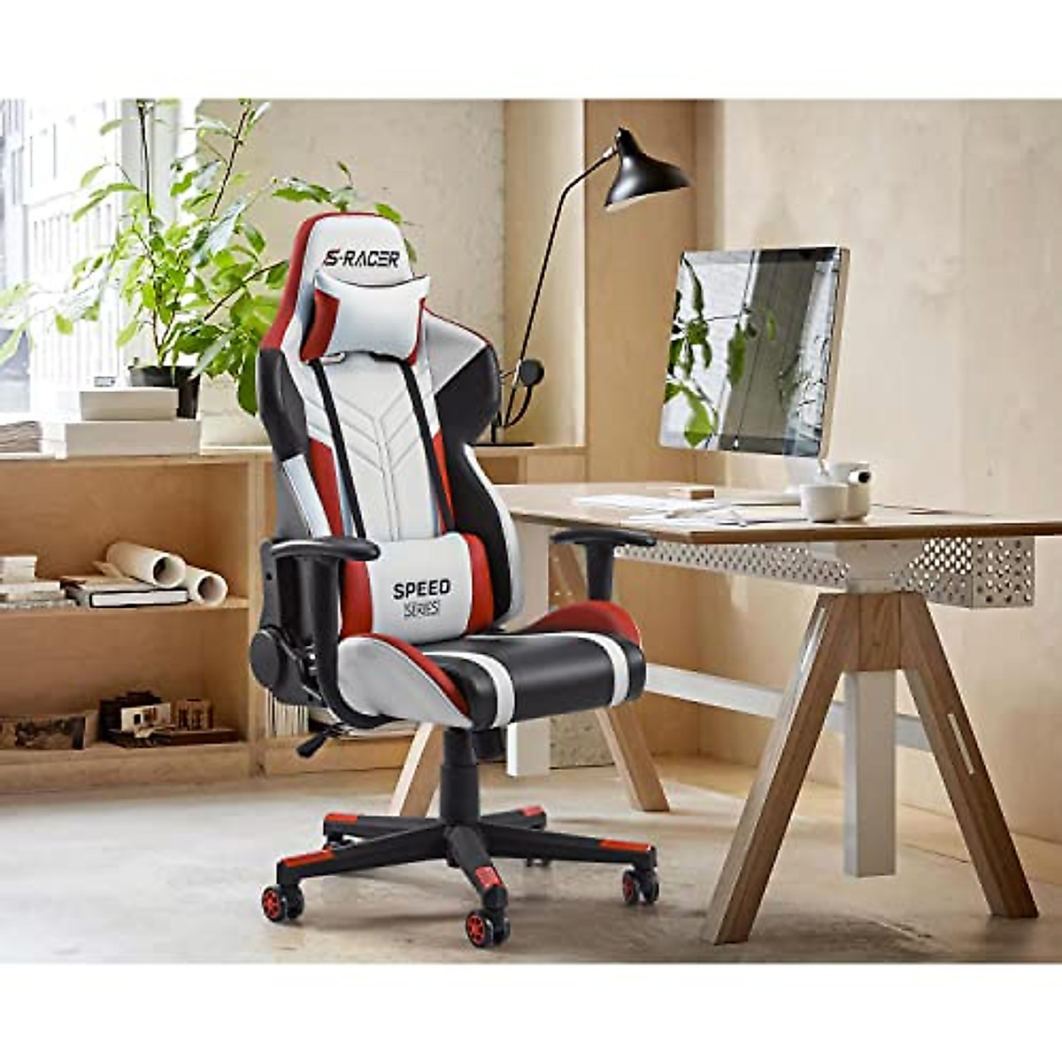 Homall Gaming Chair Racing Style High-Back PU Leather Office Chair Computer Desk Chair Executive and Ergonomic Swivel Chair with Headrest and Lumbar Support (White/Red)