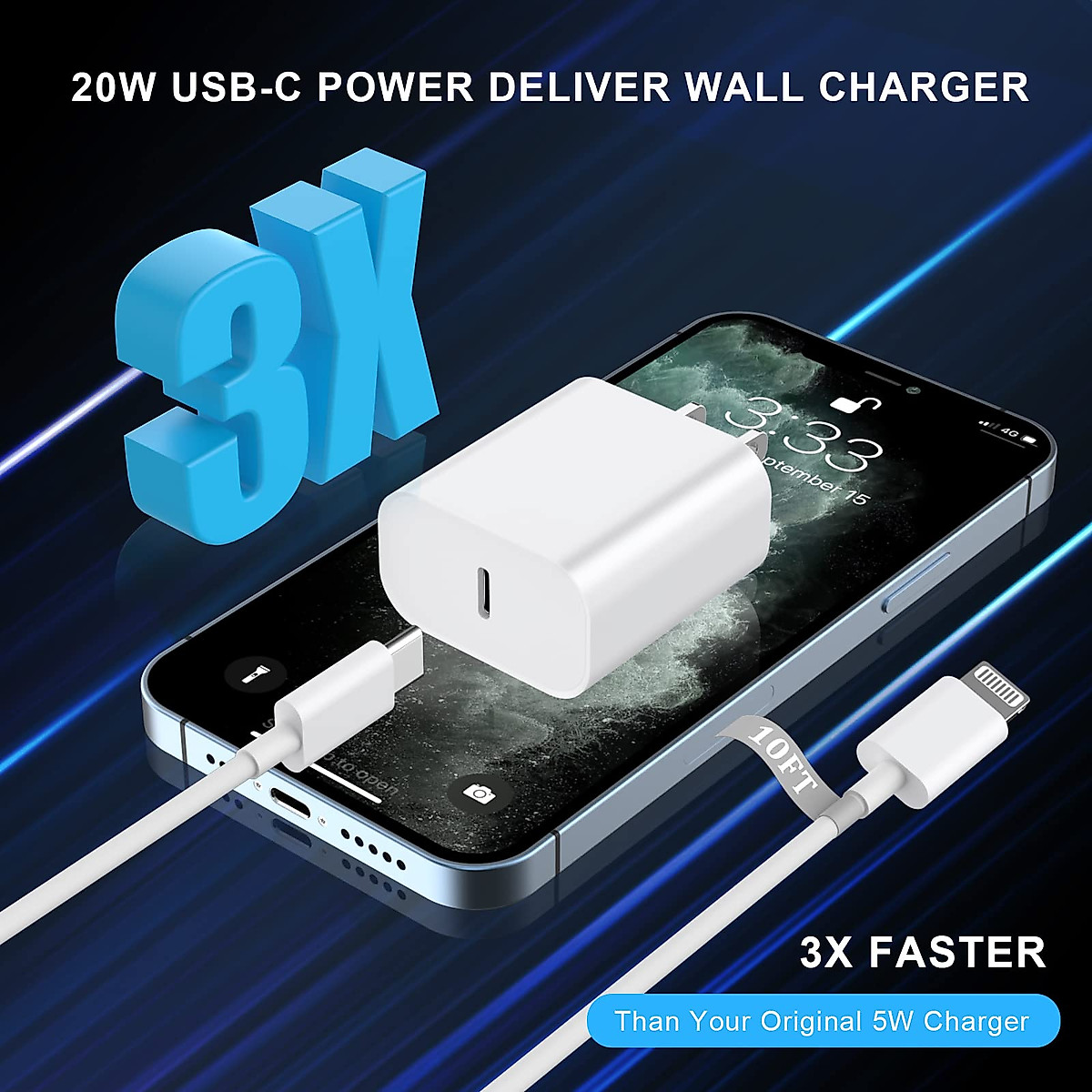 CREHAO iPhone Fast Charger, [MFi Certified] 20W PD USB C Wall Charger Block Plug with 10FT Extra Long Type C to Lightning Fast Charging Data Sync Cable Compatible for iPhone 14 13 12 11 XS XR X 8 iPad
