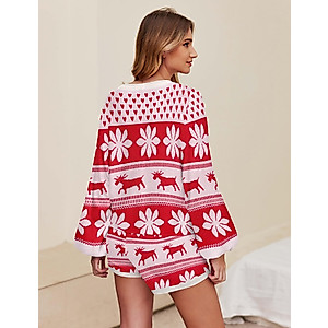 Ekouaer Knit Pajamas Set for Women Lounge Sets 2 Piece Long Sleeve Top and Shorts Pj Soft Sleepwear Cute Sweater Outfits Christmas White S