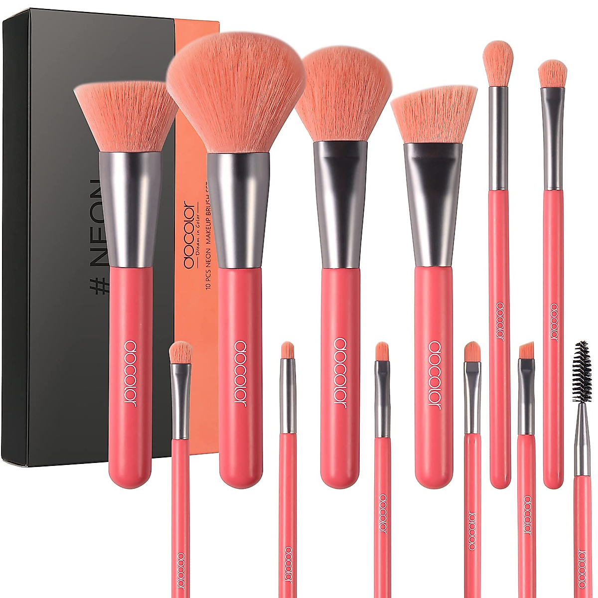 Docolor Makeup Brushes 10Pcs Makeup Brush Set Premium Synthetic Powder Foundation Contour Blush Concealer Eye Shadow Blending Liner Make Up Brush Kit - Neon Peach