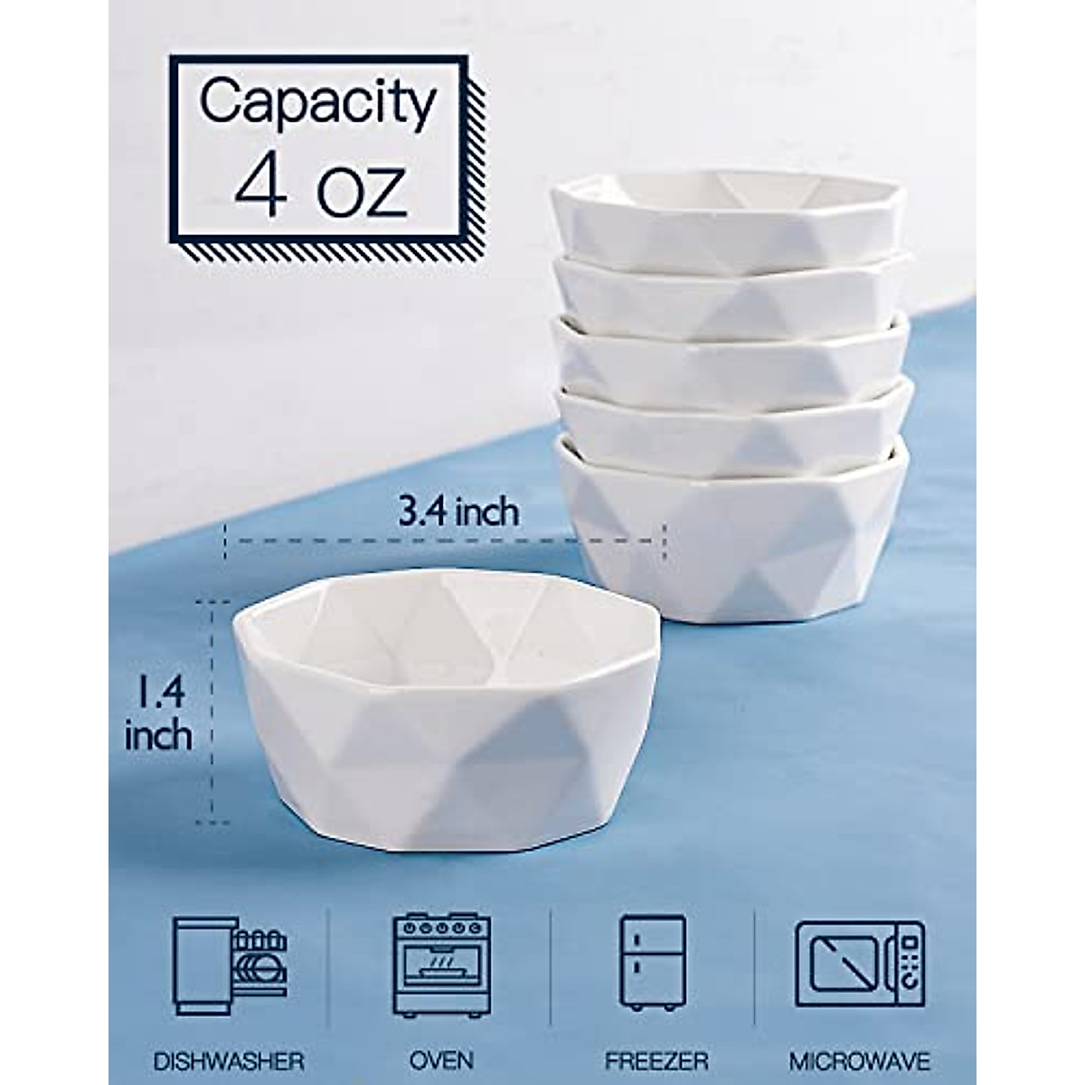 Delling Ramekins 4 oz Set, Creme Brulee Ramekins Oven Safe, Geometric Souffle Dishes Ramekins, Porcelain Ramekin for Baking Souffle Ramekins Bowls, Small Souffle Dishes Bowls Set of 6, White