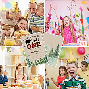 Wild One Birthday Party Invitations with Envelopes (20-Pack), 4"x6" Rustic Bear Buffalo Plaid 1st Birthday Invitation Cards, Fill-in Style Party Invites-B08