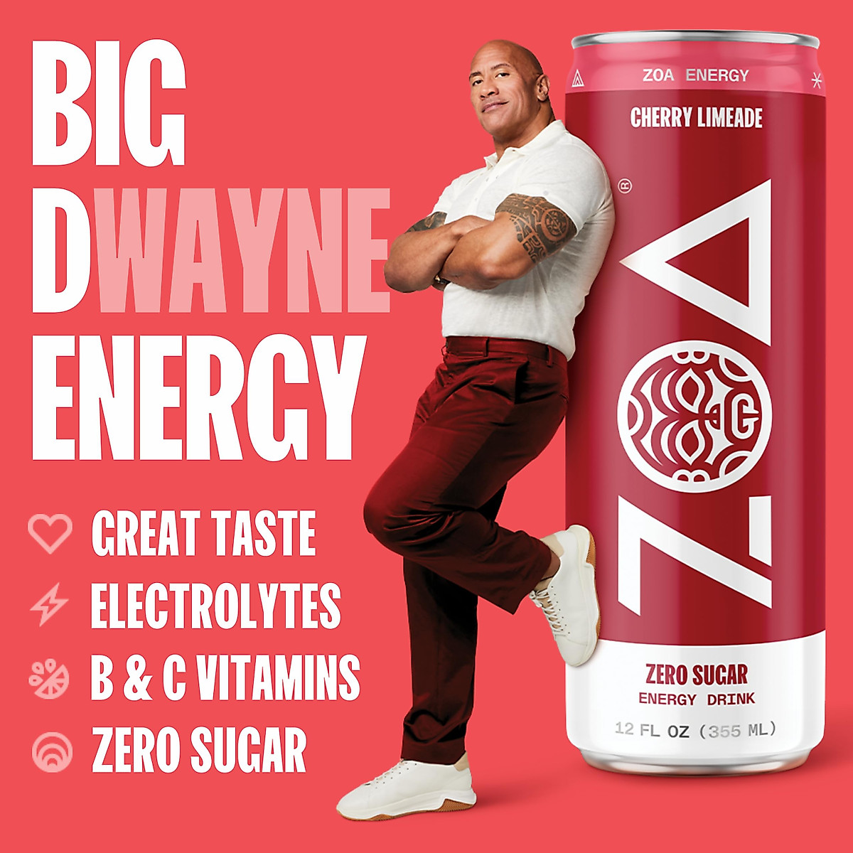ZOA Zero Sugar Energy Drinks, Cherry Limeade - Sugar Free with Electrolytes, Healthy Vitamin C, Amino Acids, Essential B-Vitamins, and Caffeine from Green Tea - 12 Fl Oz (12-Pack)