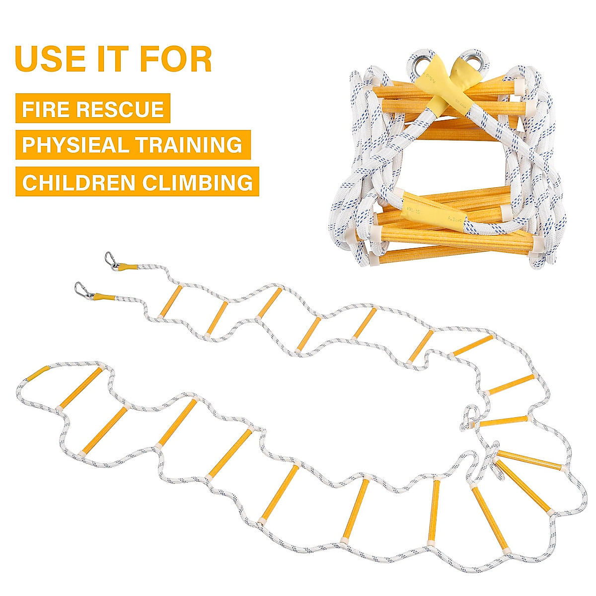 EMEKIAN Emergency Fire Escape Ladder Flame Resistant Safety Extension Rope Ladder with 2 Hooks, 2 Story Homes Reusable Compact Portable External Ladder (2 M / 6.6 FT)