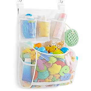 Ligereza Baby Mesh Bath Toy Organizer，Multiple Ways to Hang, Ultra Large Capacity & Large Opening, Bathroom Toy Holder, Bath Toy Storage Bag With 5 Side Pockets (Large White)